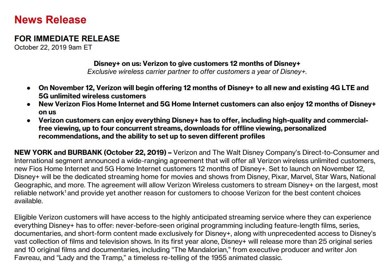 Free 12-month Disney Plus select Verizon Fios customers | The Outerhaven